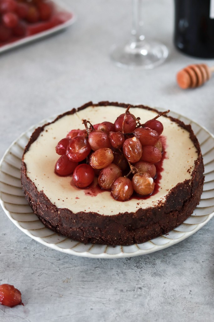 Goat Cheese Cheesecake with Chocolate Crust & Port Wine Roasted Grapes ...